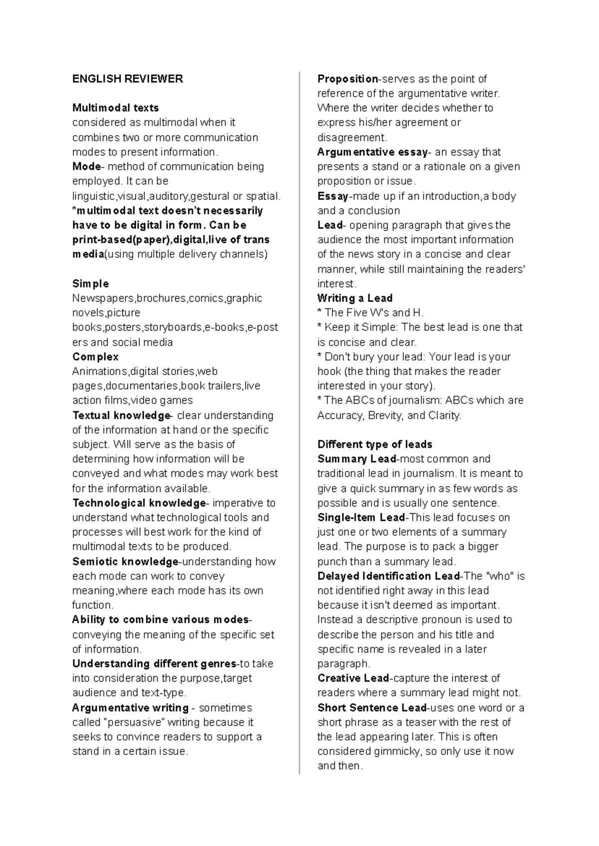 ENGLISH 101: Multimodal Texts and Public Speaking Reviewer - Studocu