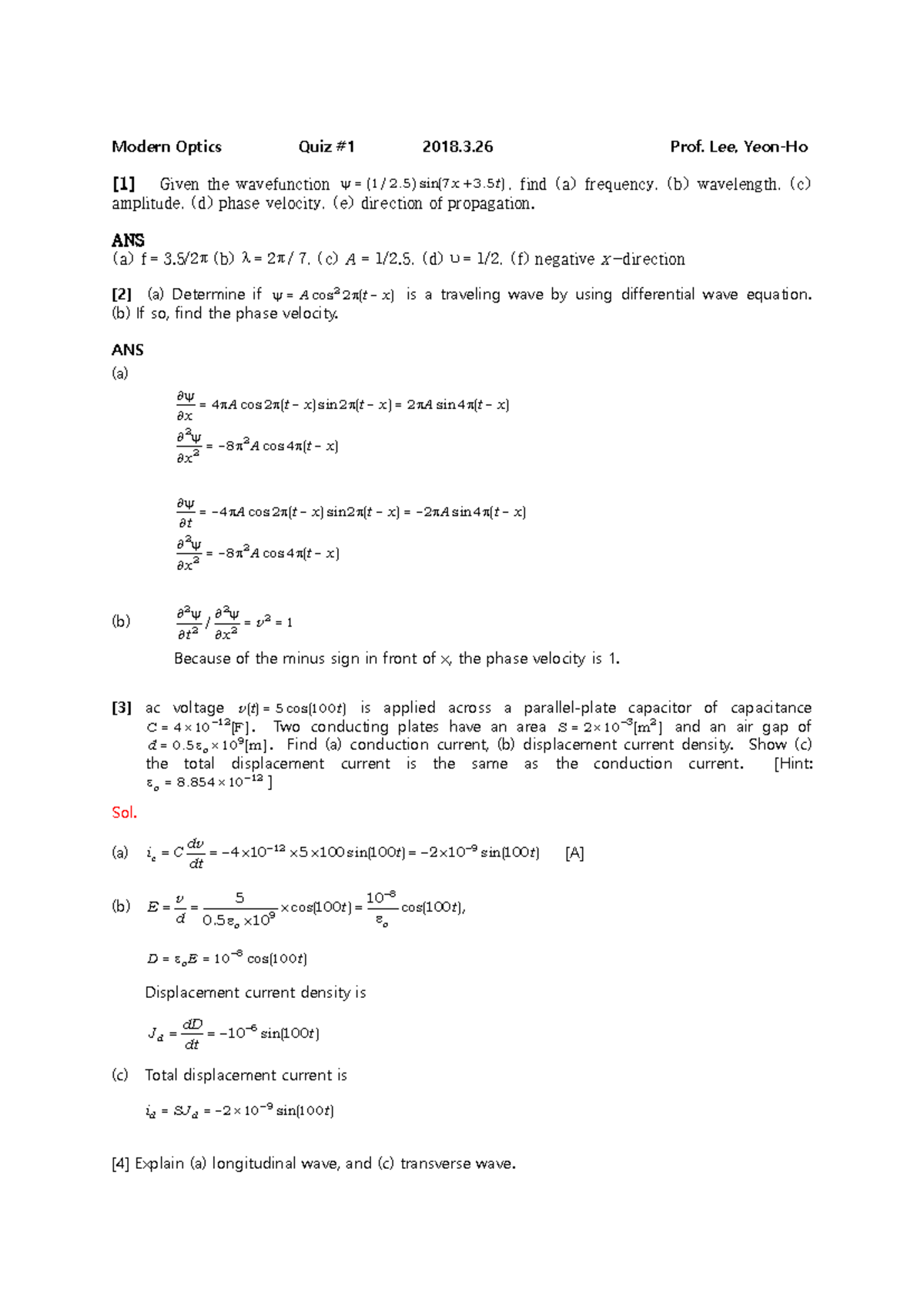 Modern Optics Quiz 2018.3.26 - Prof. Lee Study Guide - Studocu