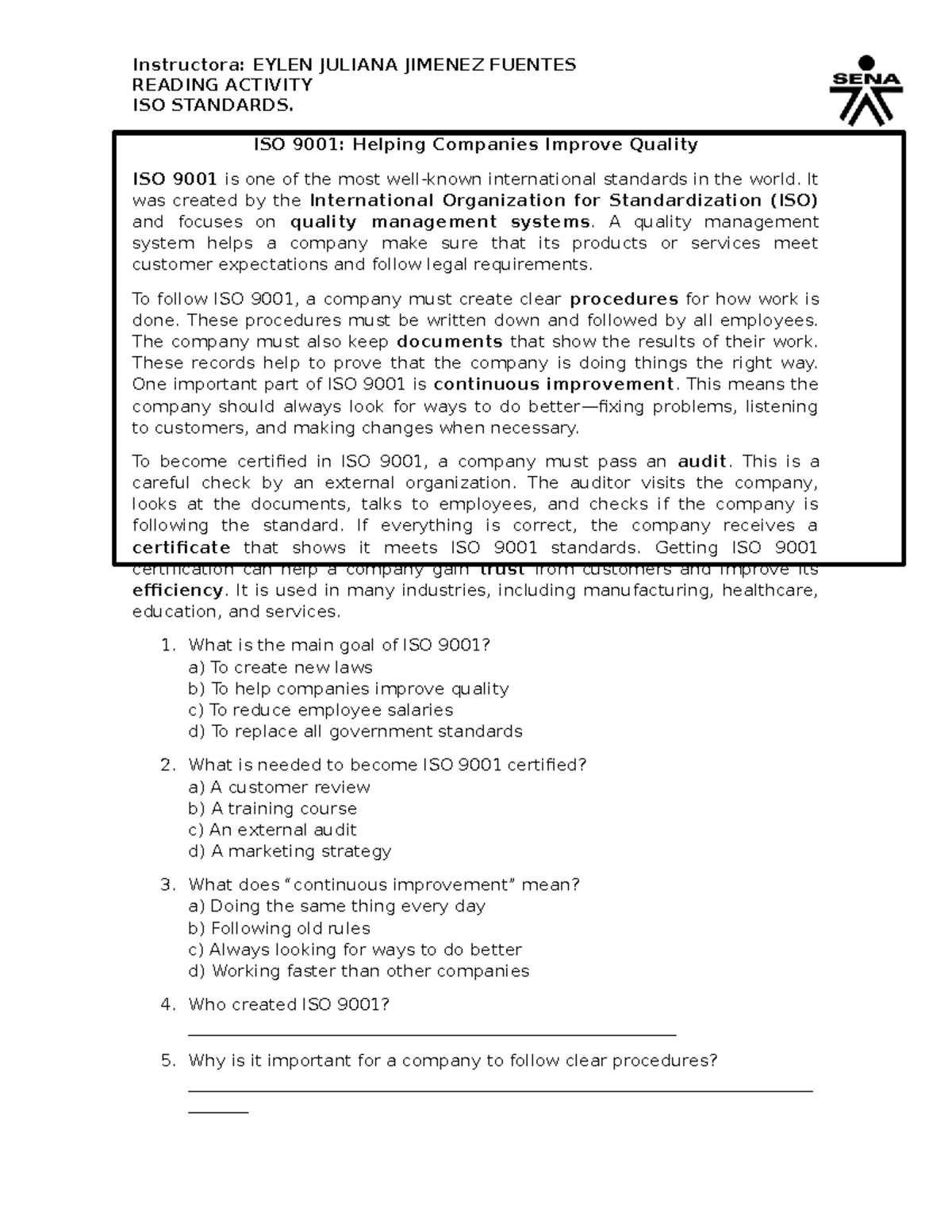 ISO 9001: Reading Activity on Quality Management Standards - Studocu