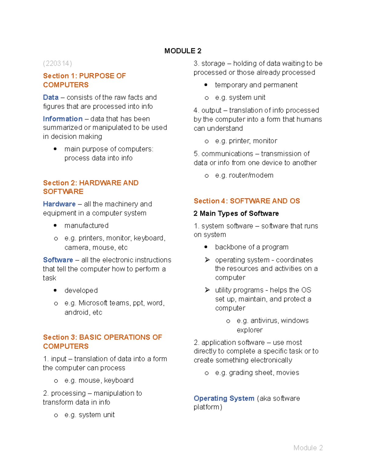 Notes - Module 2 - MODULE 2 (220314) Section 1: PURPOSE OF COMPUTERS ...