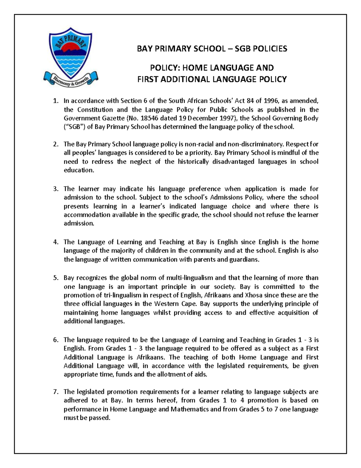 BAY PRIMARY SCHOOL SGB POLICIES: HOME & FIRST ADDITIONAL LANGUAGE ...