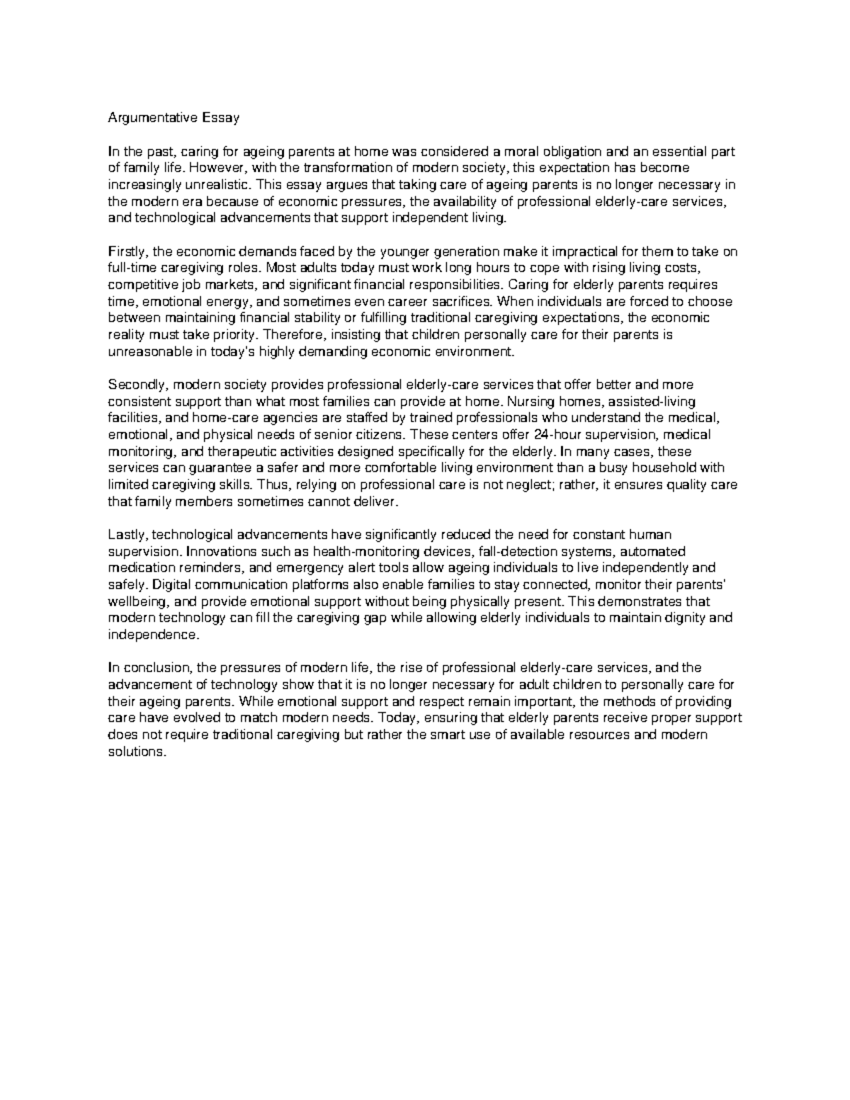 Argumentative Essay: Modern Care for Ageing Parents - Studocu