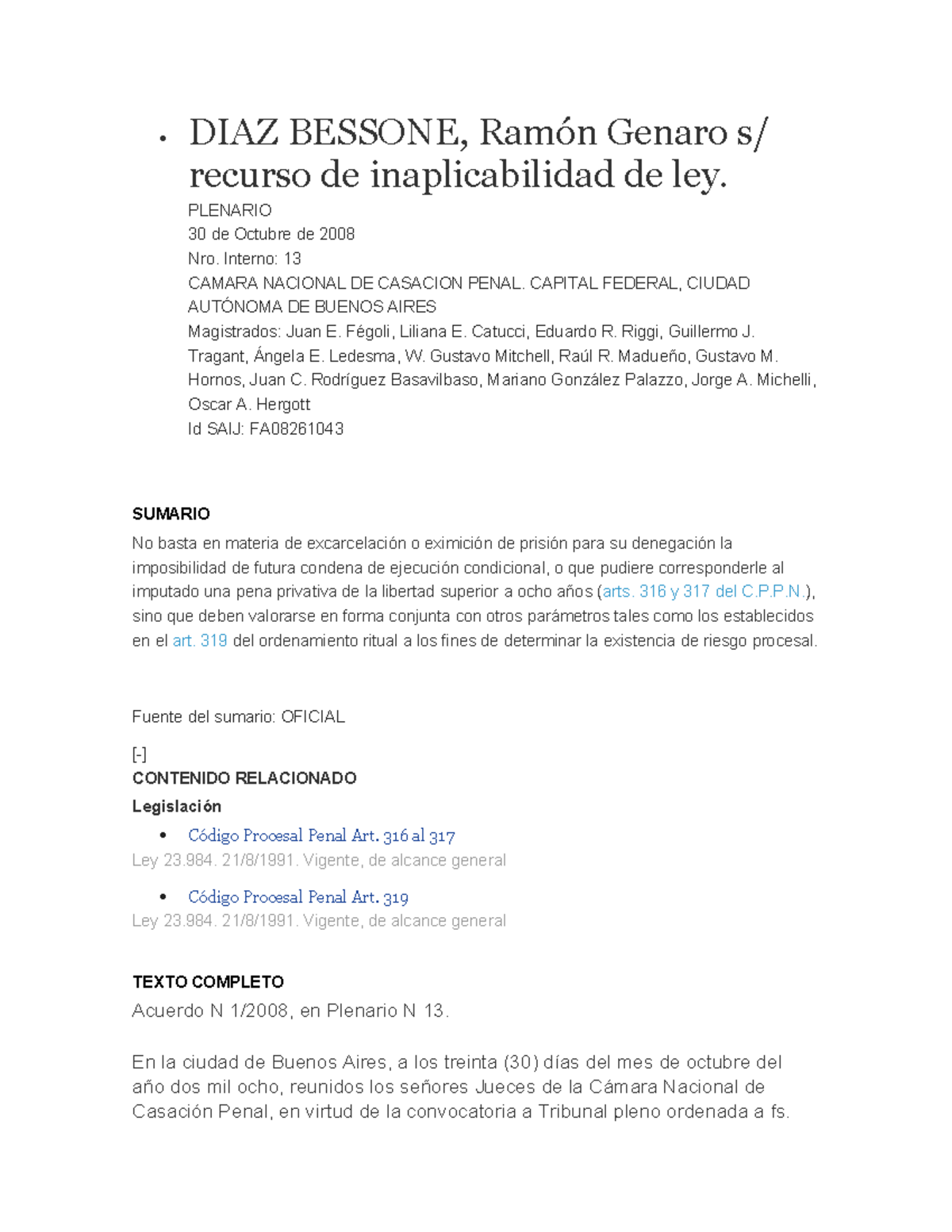 Fallo sobre Excarcelación en el Caso Díaz Bessone - C.P.P.N. - Studocu