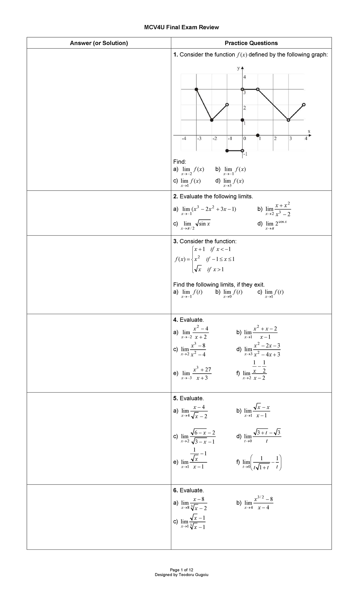 MCV4U Final Exam Review: Limit Evaluations and Function Analysis - Studocu