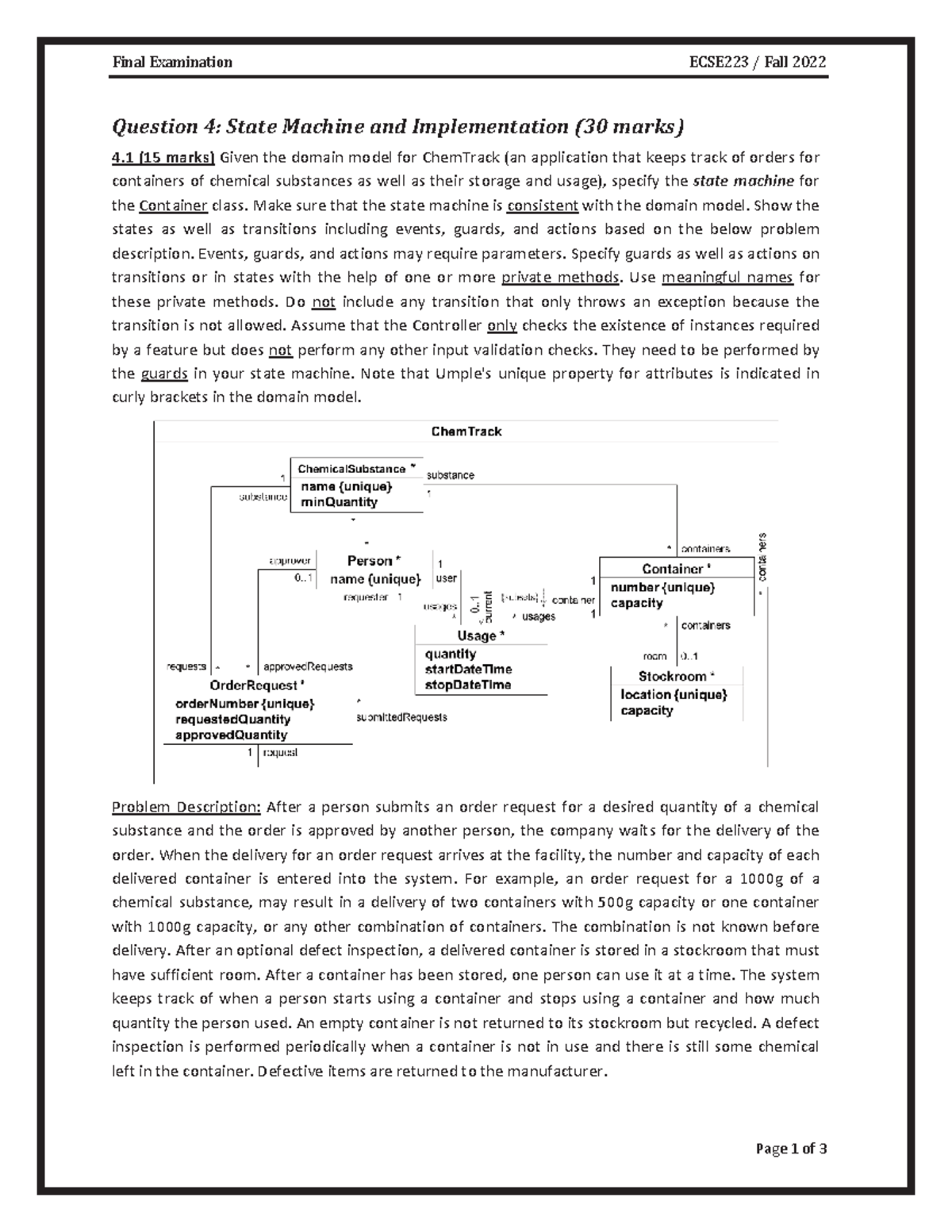 Final Exam ECSE223 Fall 2022: State Machine for Container Class - Studocu