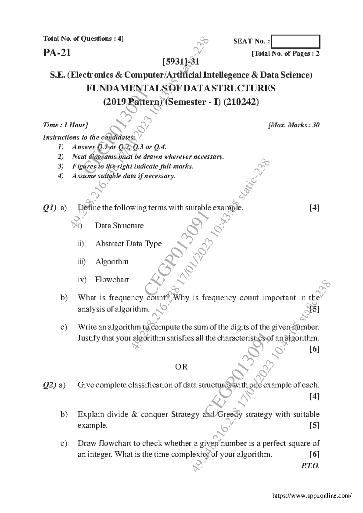 Be aids 3 sem fundamentals of data structures oct 2022 - Total No. of ...