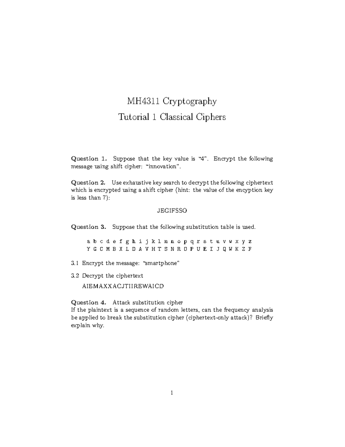 MH4311 Cryptography Tutorial 1: Classical Ciphers & Attacks - Studocu