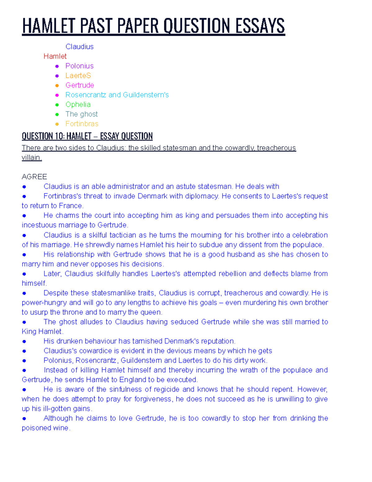 Hamlet: Essay Questions on Themes, Characters, and Motivations - Studocu