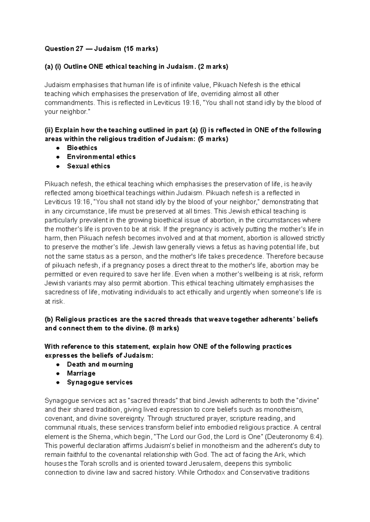Judaism SOR2 2024 - Ethical Teachings & Religious Practices (15 marks ...