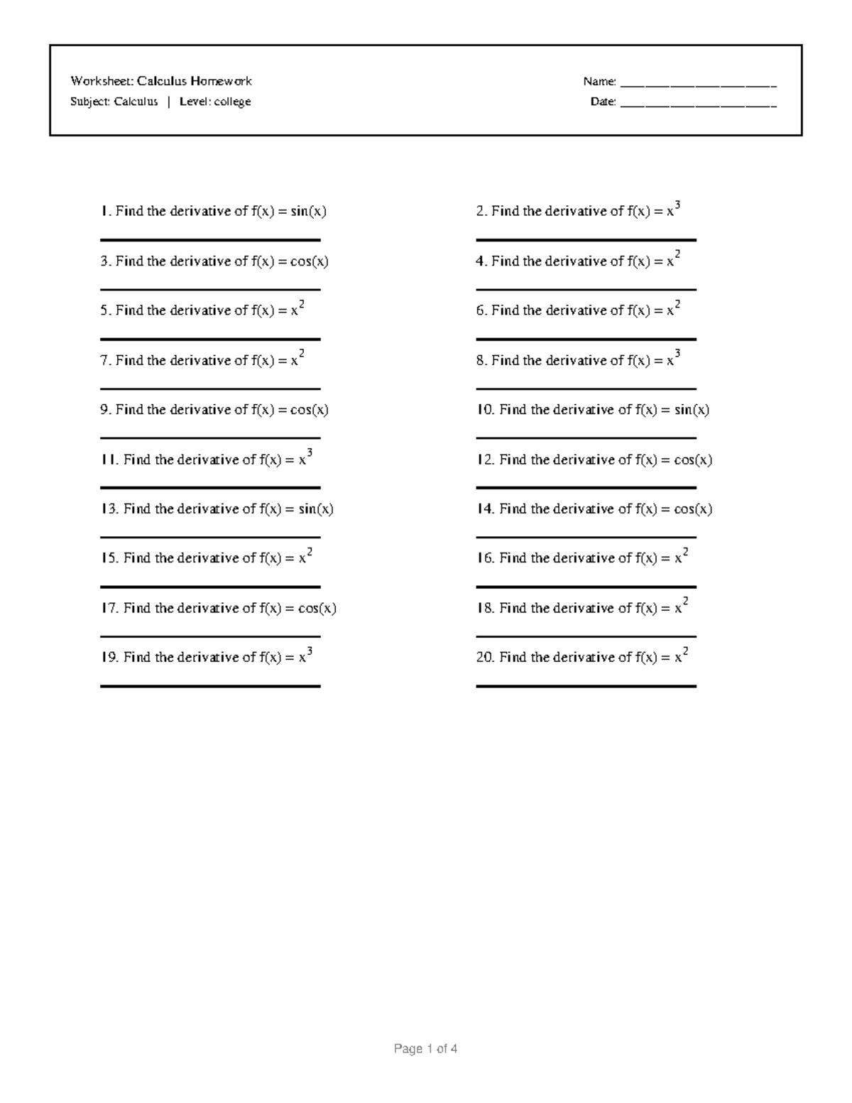 Calculus Homework Worksheet: Derivatives & Answers (Calc 5) - Studocu