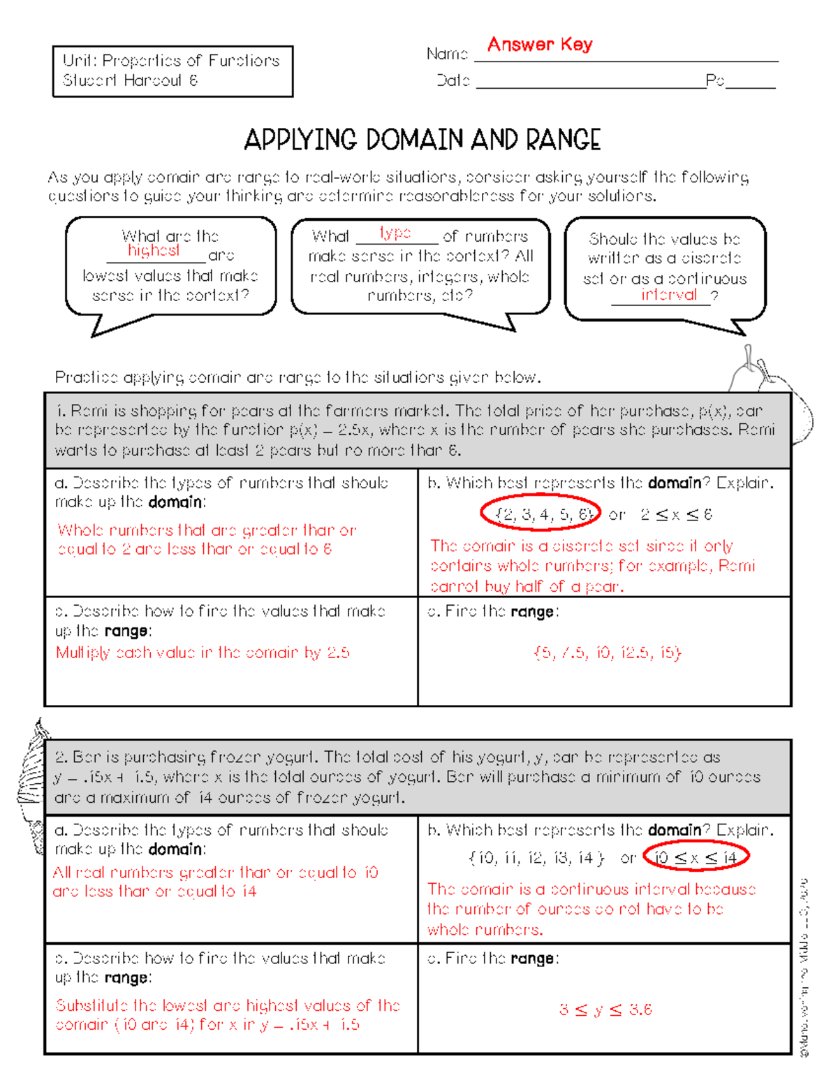 Applying Domain and Range in Real-World Situations - Student Handout ...