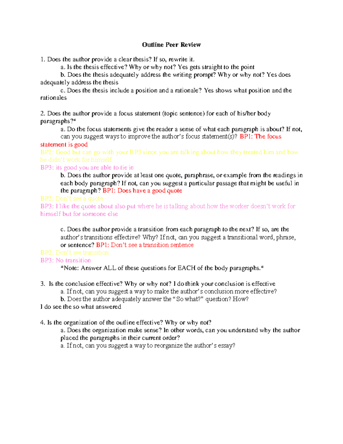 Outline Peer Review: Evaluation of Thesis & Body Paragraphs - Studocu