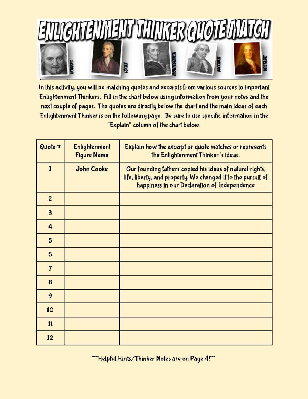 Preston Meredith - Enlightenment Thinker Quote Match - In this activity ...