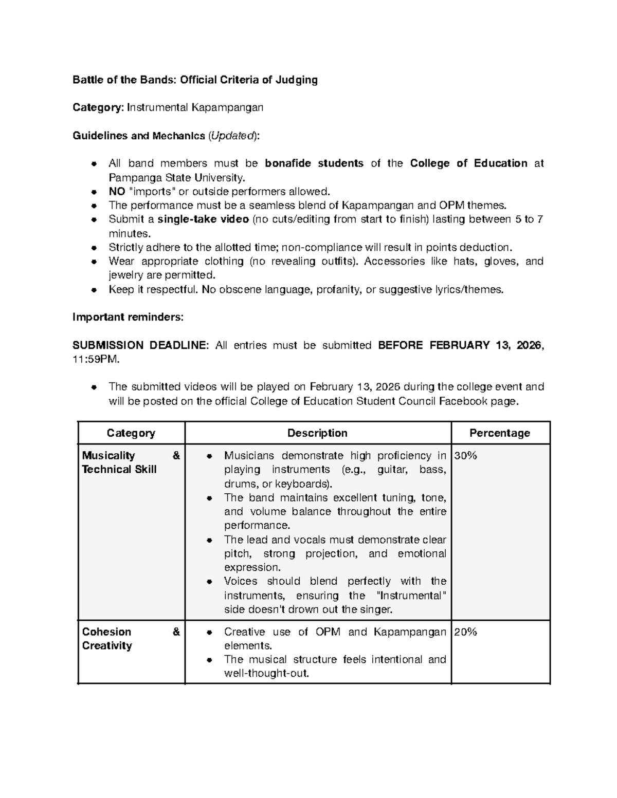Battle of the Bands: Judging Criteria for Instrumental Category - Studocu