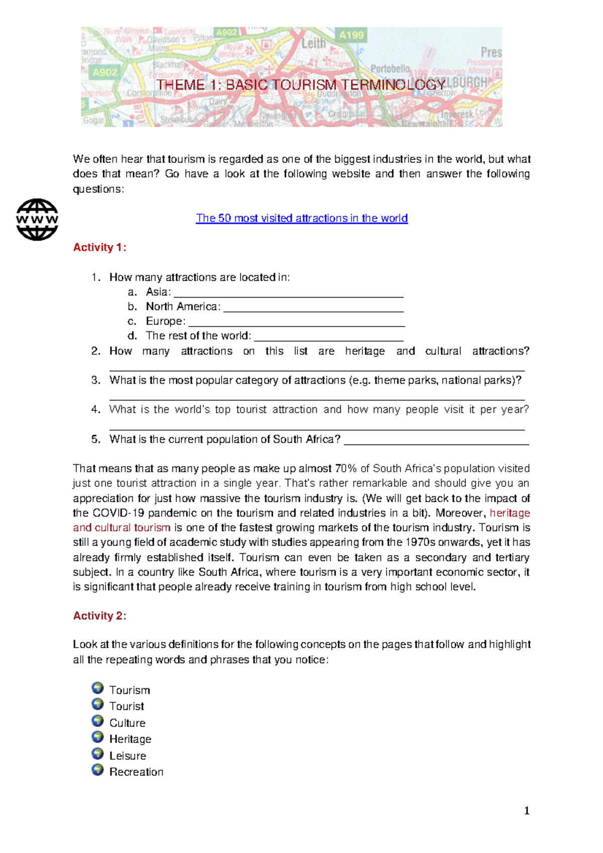 Theme 1 worksheet 2022 - Summary notes - We often hear that tourism is ...