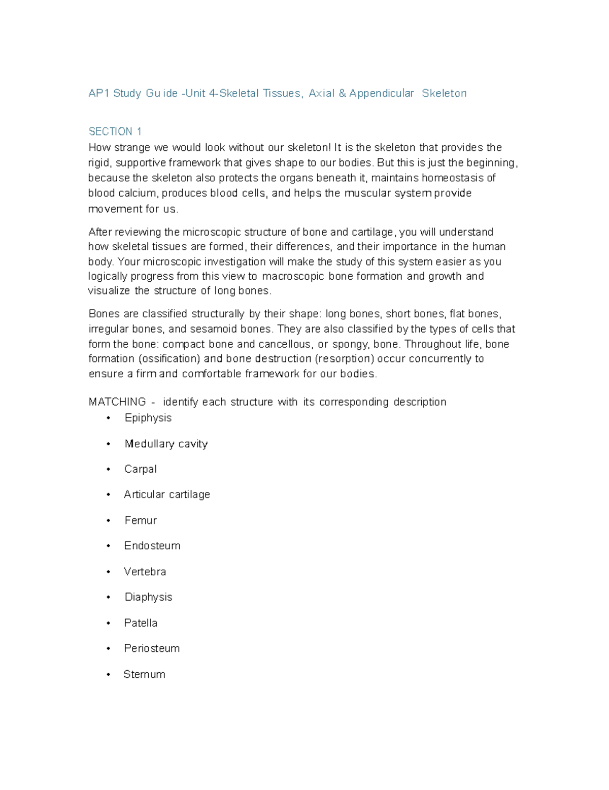 AP1 Unit 4 Study Guide: Skeletal Tissues & Bone Structure Overview ...