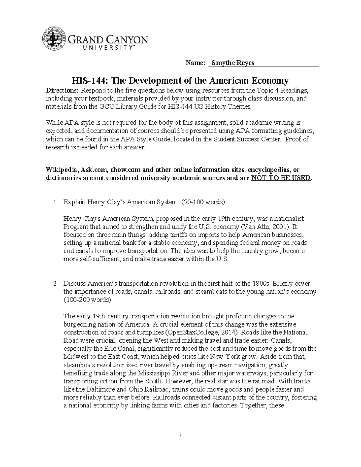 HIS-144-RS Development of the American Economy: Worksheet in Response ...