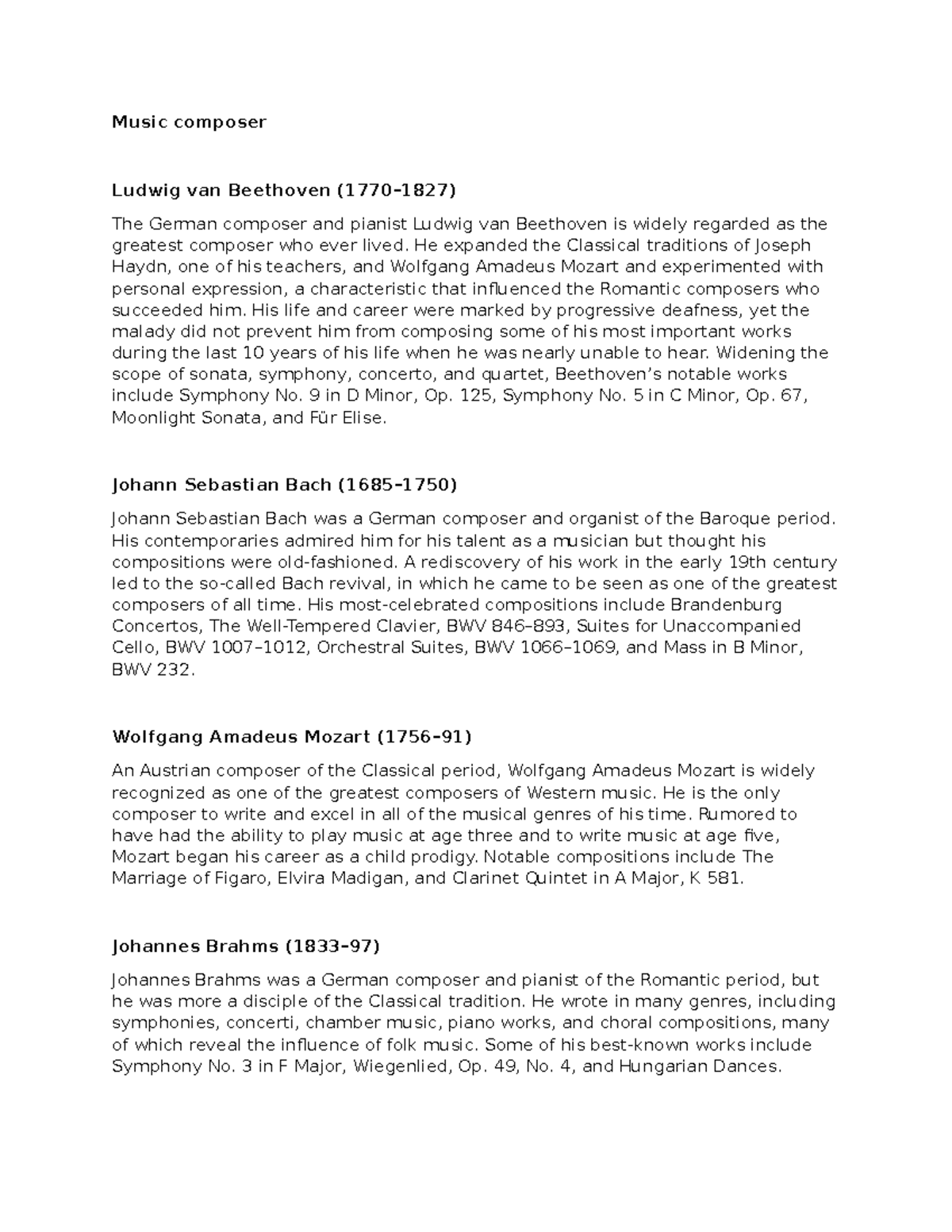 Composer Profiles: Key Figures in Music History and Their Works - Studocu