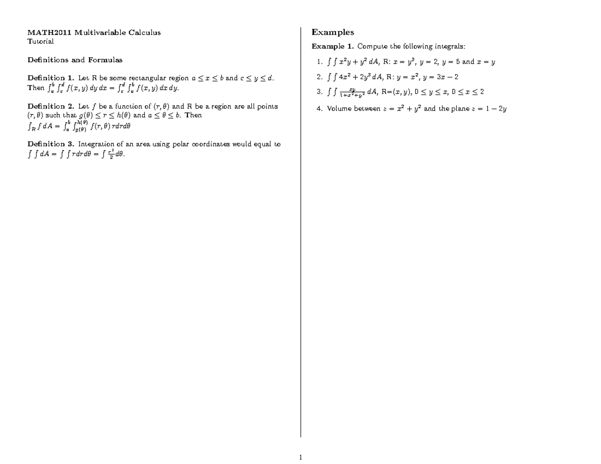 MATH2011 Multivariable Calculus Tutorial: Integration Examples by Dave ...