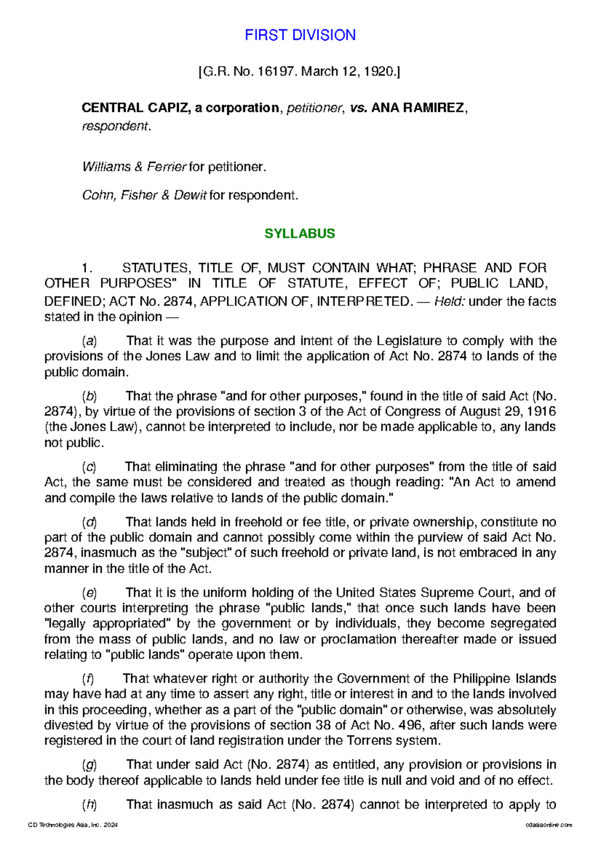 1920-Capiz v. Ramirez Case Digest: Interpretation of Act No. 2874 - Studocu