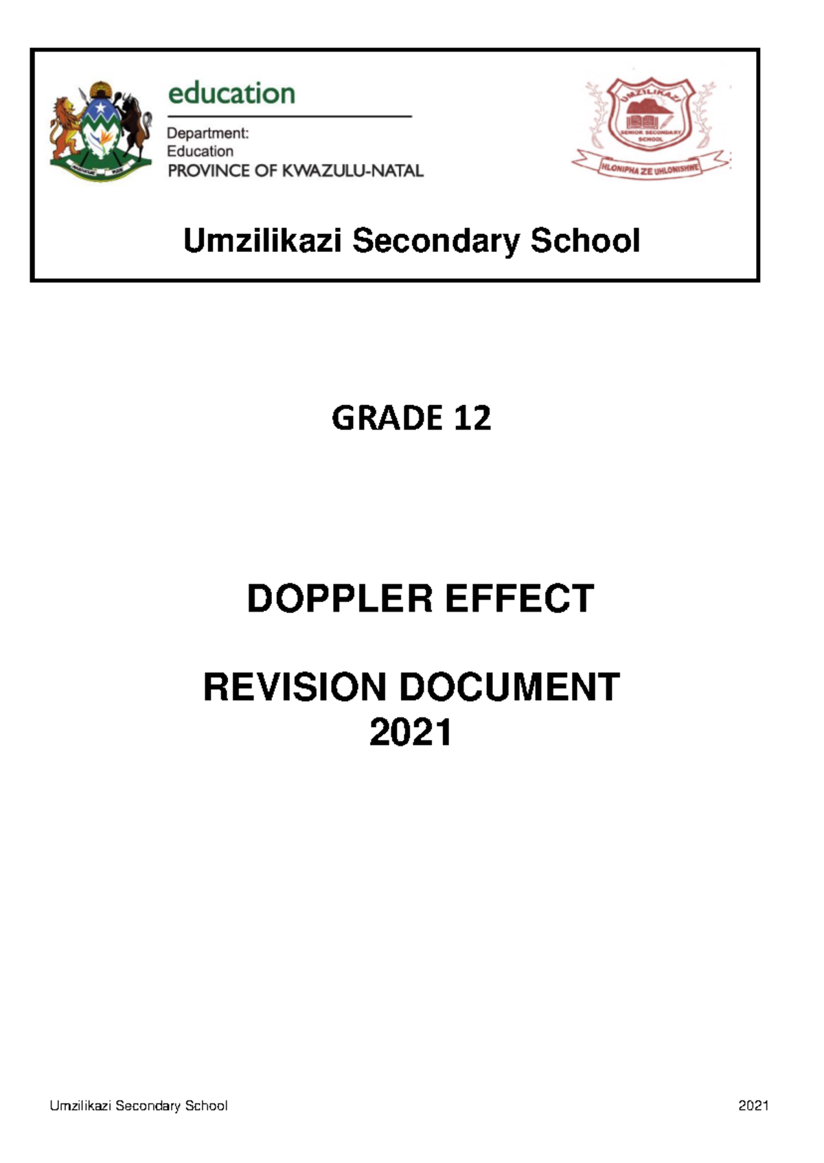 Umzilikazi Secondary School GRADE 12 DOPPLER EFFECT REVISION NOTES 2021 ...