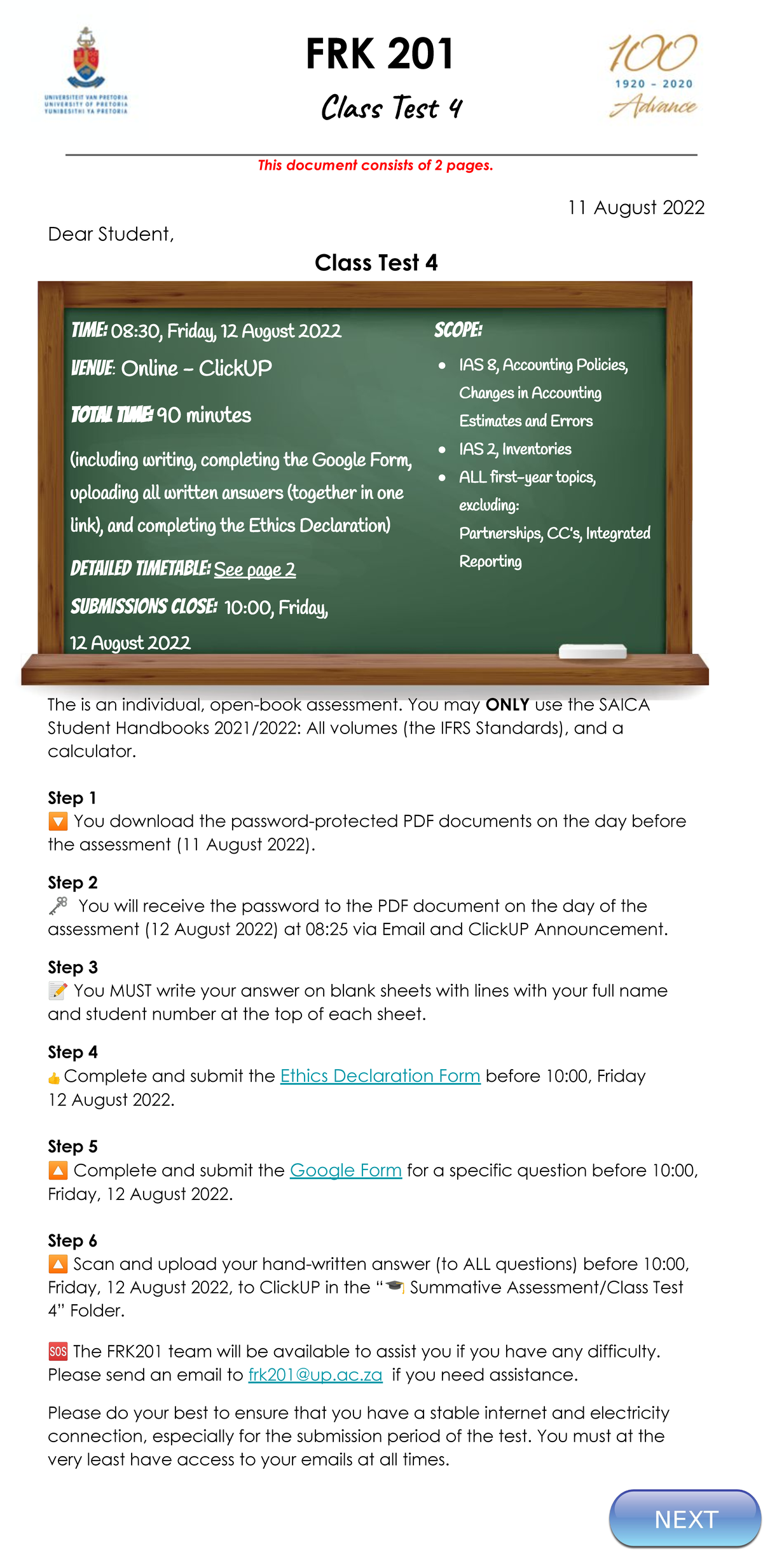 Class Test 4 Instructions - FRK 201 Class Test 4 This document consists ...
