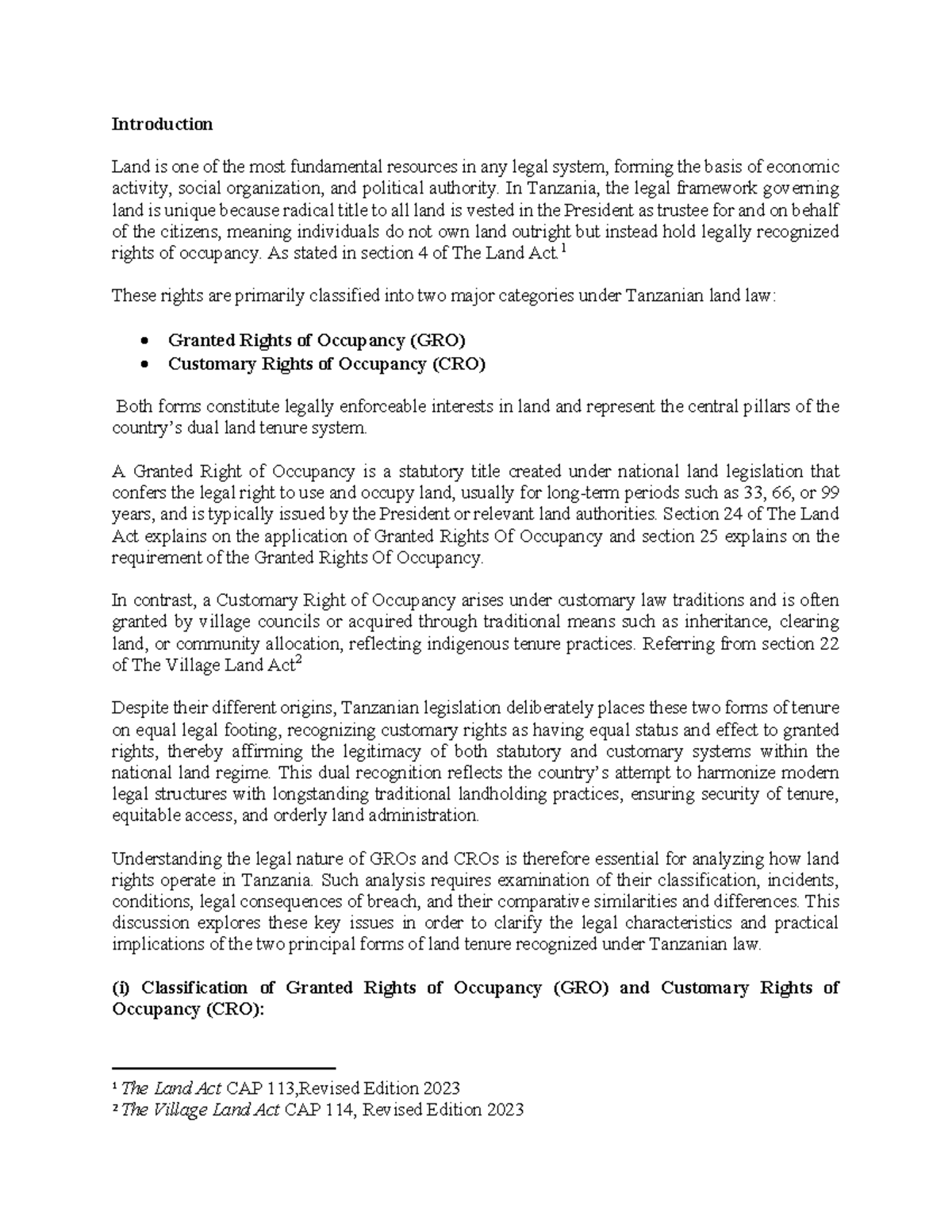 Land Tenure in Tanzania: GRO vs. CRO Analysis - HELLIO - Studocu