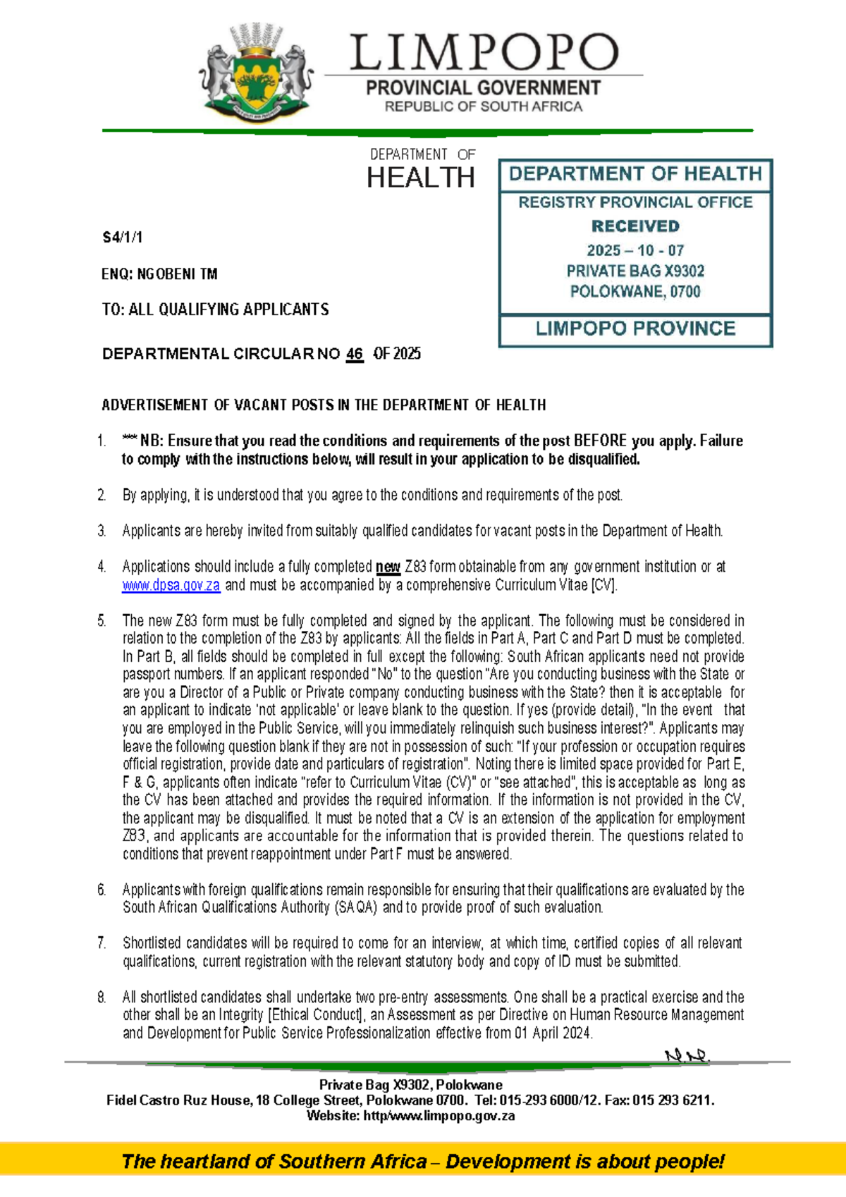 LDOH Circular No. 46: Vacant Posts Advertisement - October 2025 - Studocu
