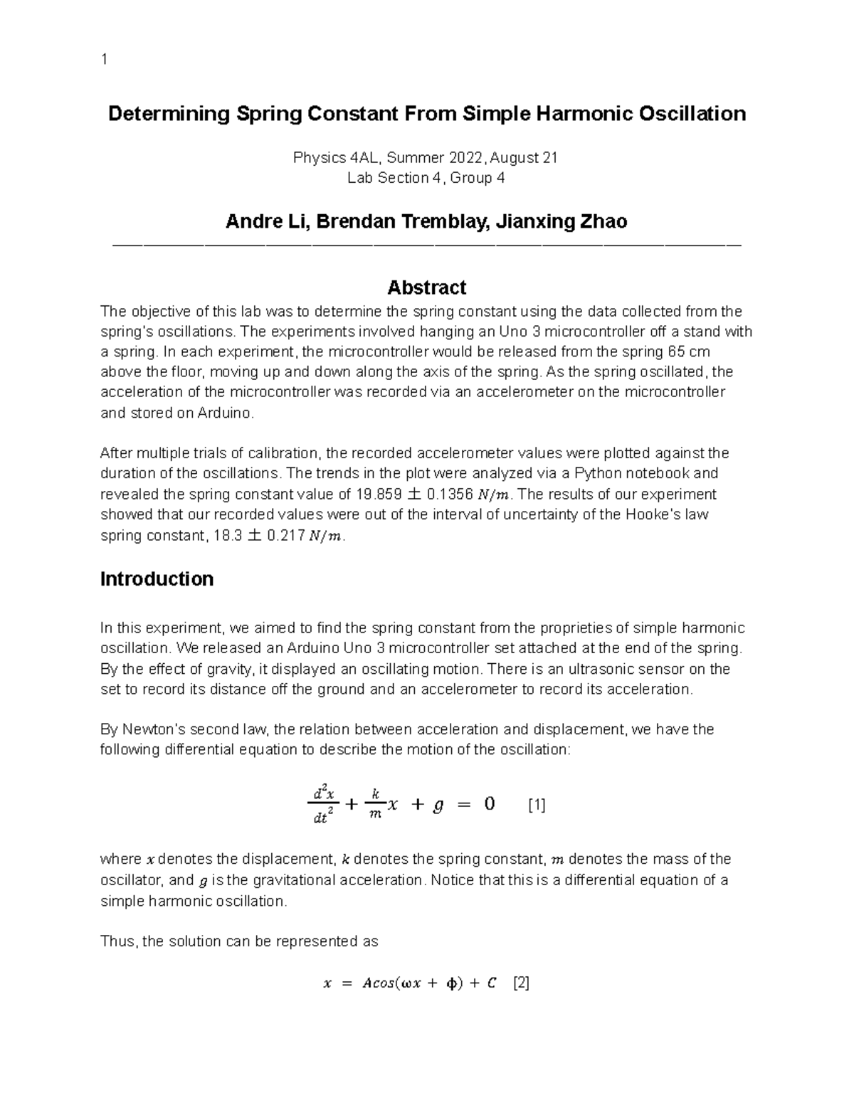 Physics 4AL Lab Report: Determining Spring Constant via SHM - Studocu