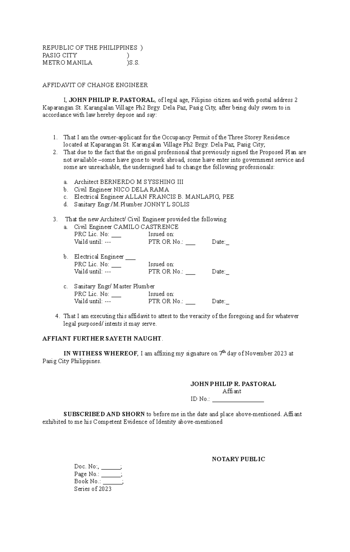 Affidavit of Change of Engineer for Occupancy Permit Application - Studocu