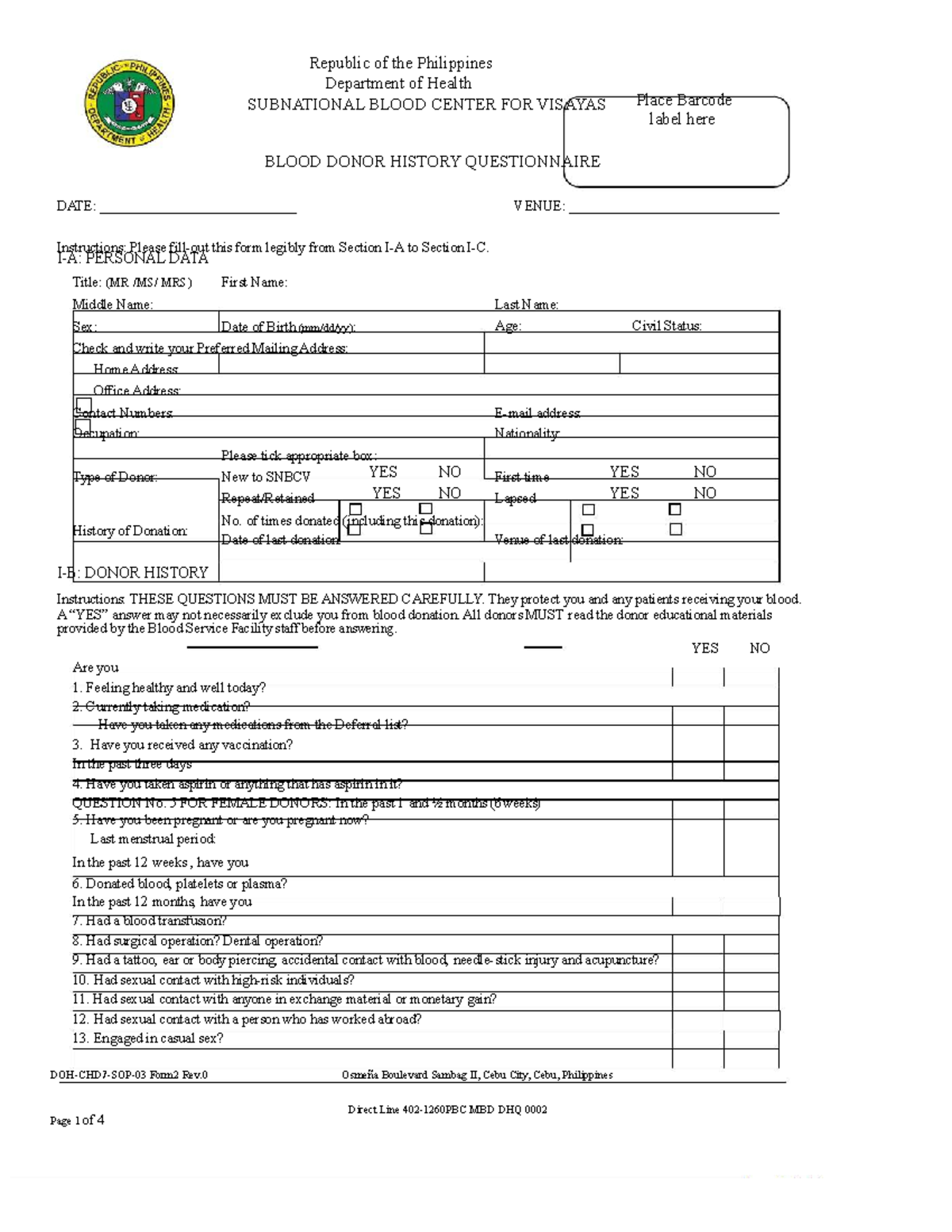 Blood Donor History Questionnaire - Subnational Blood Center for ...