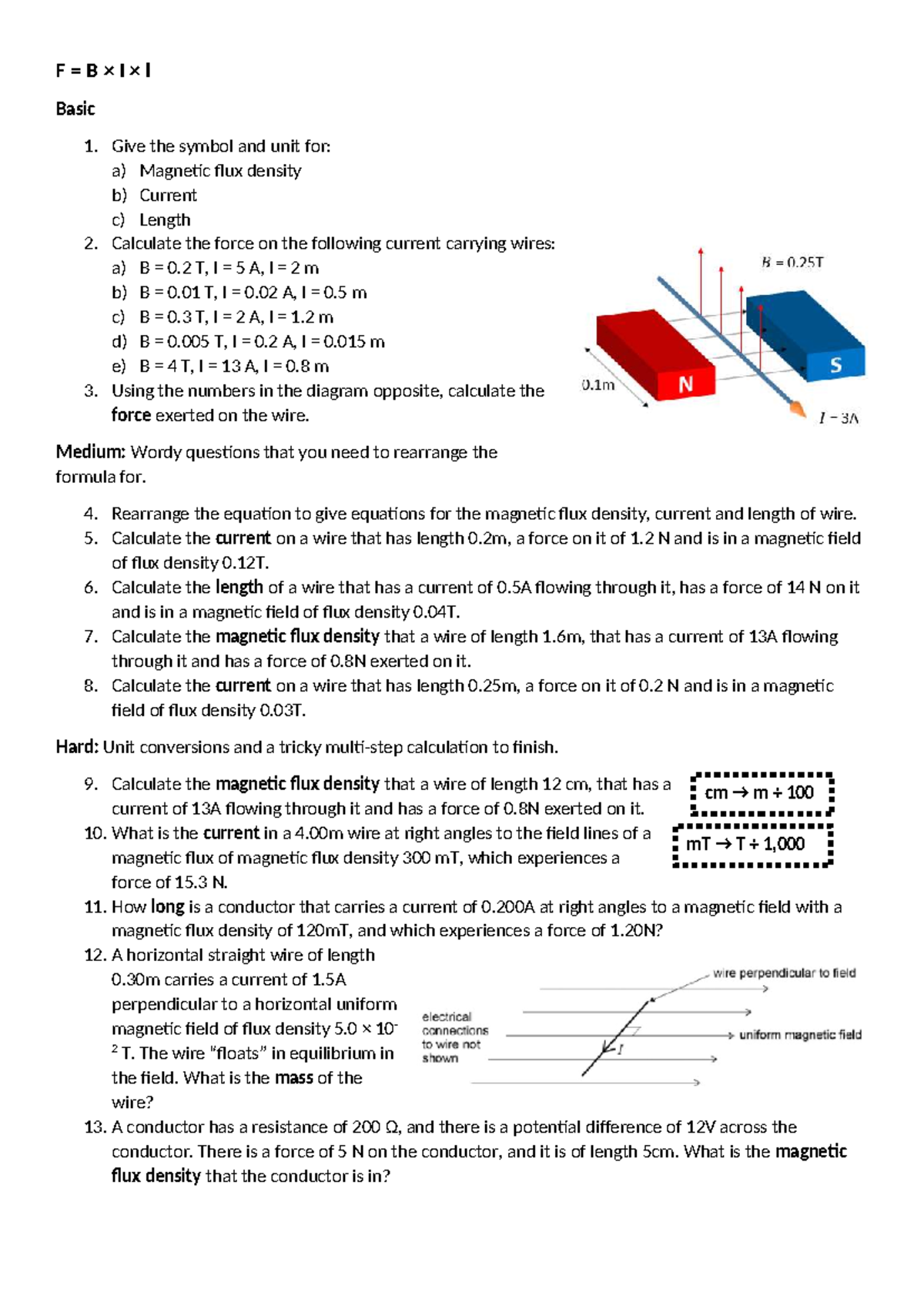 Force on a Current Carrying Wire Worksheet (Physics 101) - Studocu