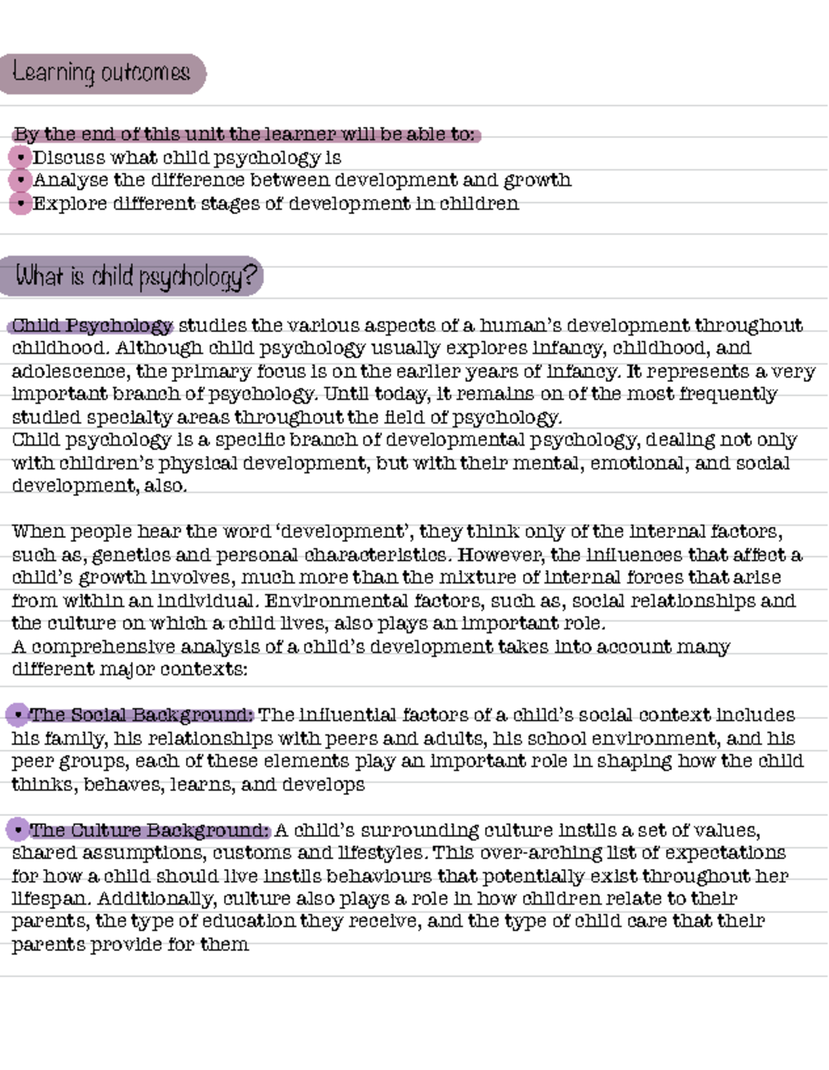 Unit 1 - Intro to Child Psychology: Growth, Development & Stages - Studocu