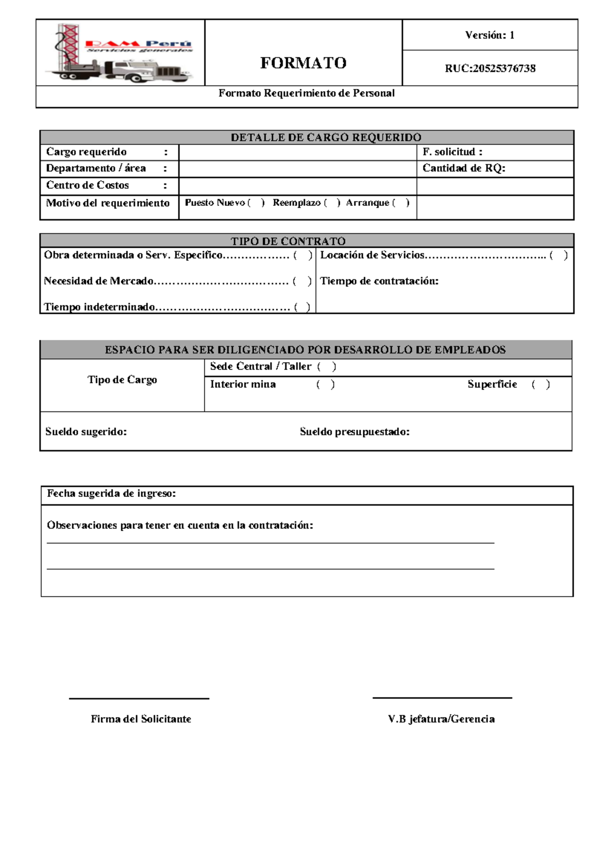 Formato de Requerimiento de Personal - APUNTES RQ 2023 - Studocu