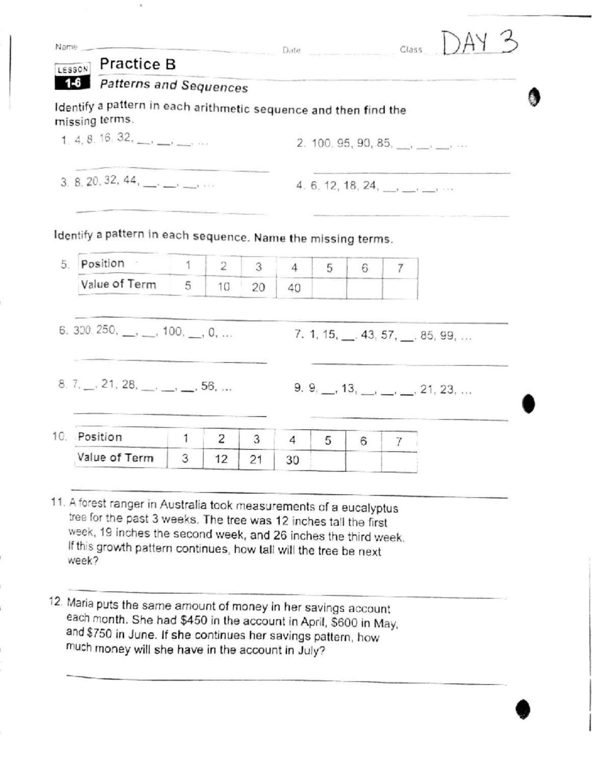 MATH 101 DAY 3 Practice B LESSON Patterns & Sequences - Studocu