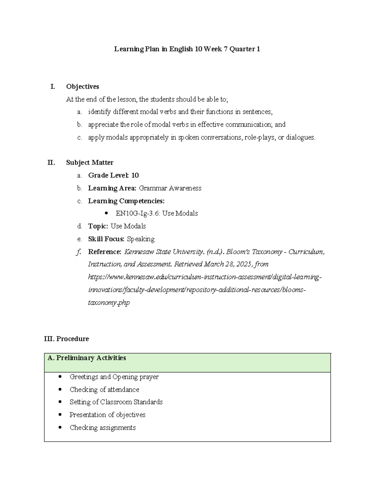 English 10 Learning Plan: Modals Focus for Week 7 (Quarter 1) - Studocu