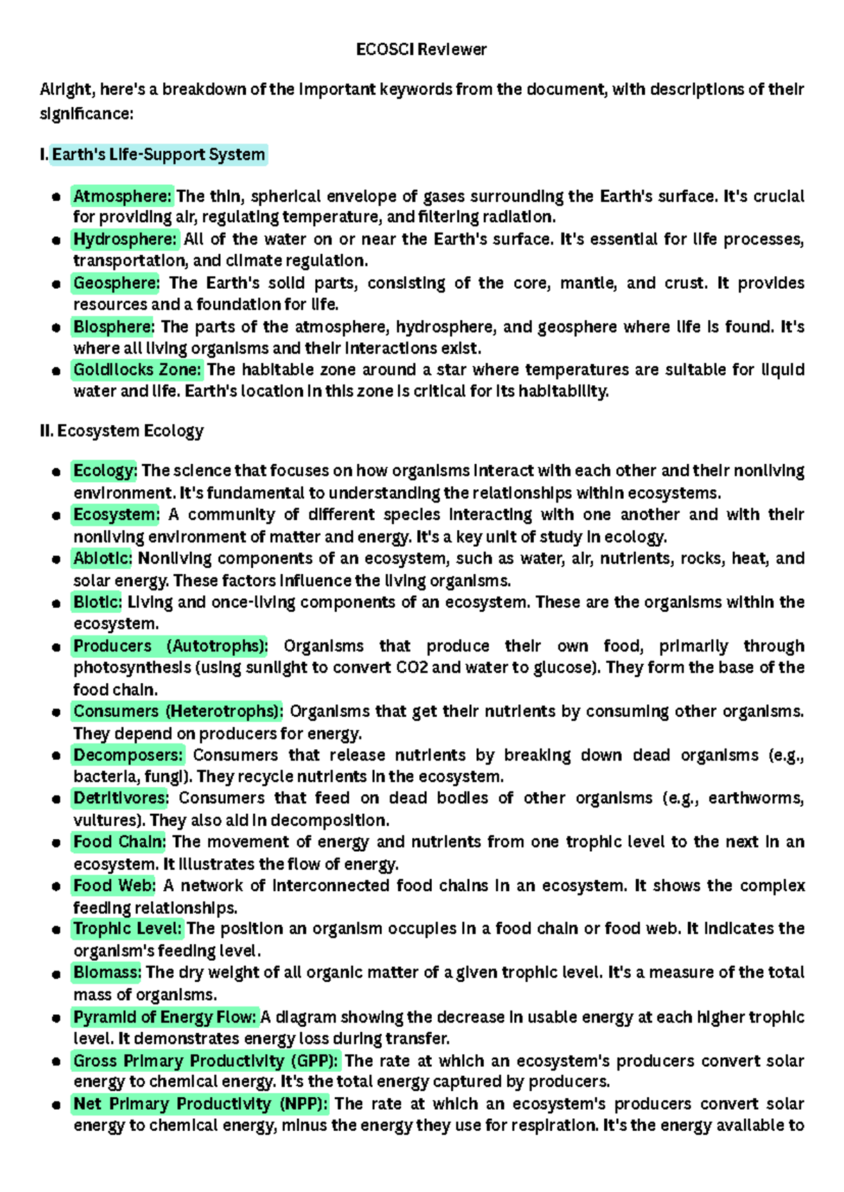 ECOSCI 101 Final Exam Reviewer: Key Concepts in Ecosystem Ecology - Studocu