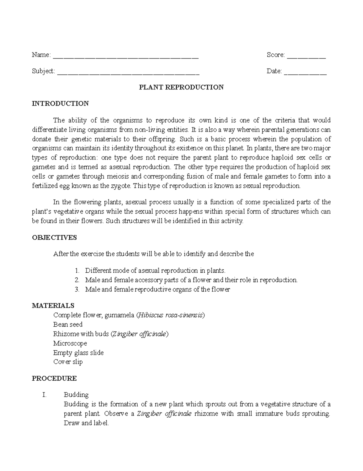 Plant Reproduction - Name: _________________________________________ Score: ___________ Subject ...