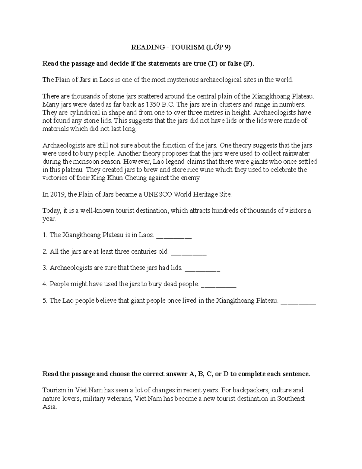 REVIEWING TOURISM (LỚP 9) - True/False & Multiple Choice Questions ...