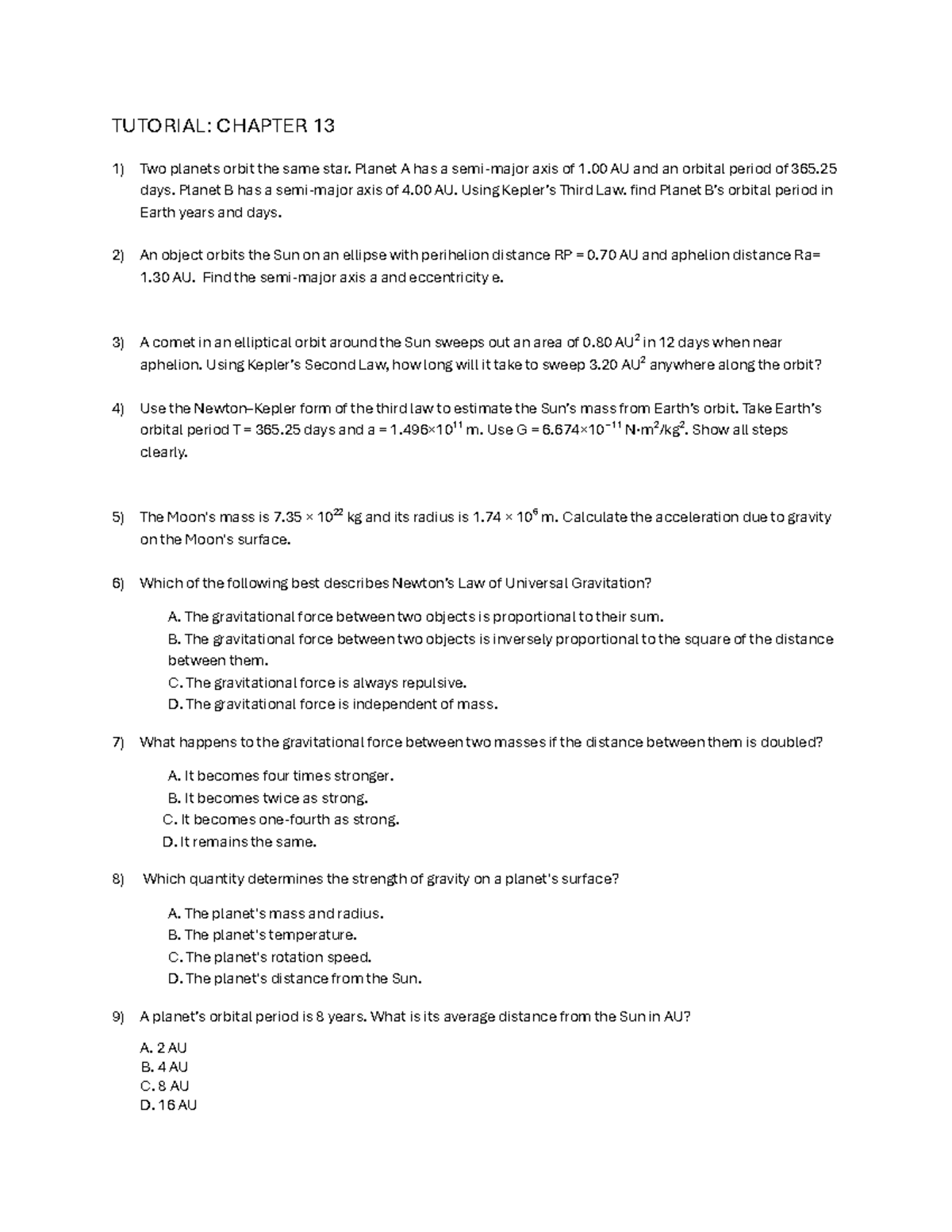 Tutorial: Chapter 13 - Orbital Mechanics & Gravitation Concepts - Studocu