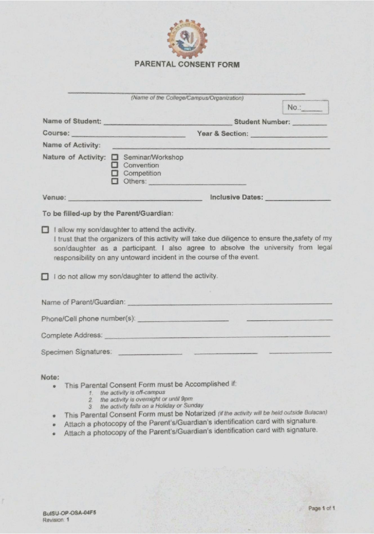 Camp Out Parental Consent Form for Activity Participation - Studocu