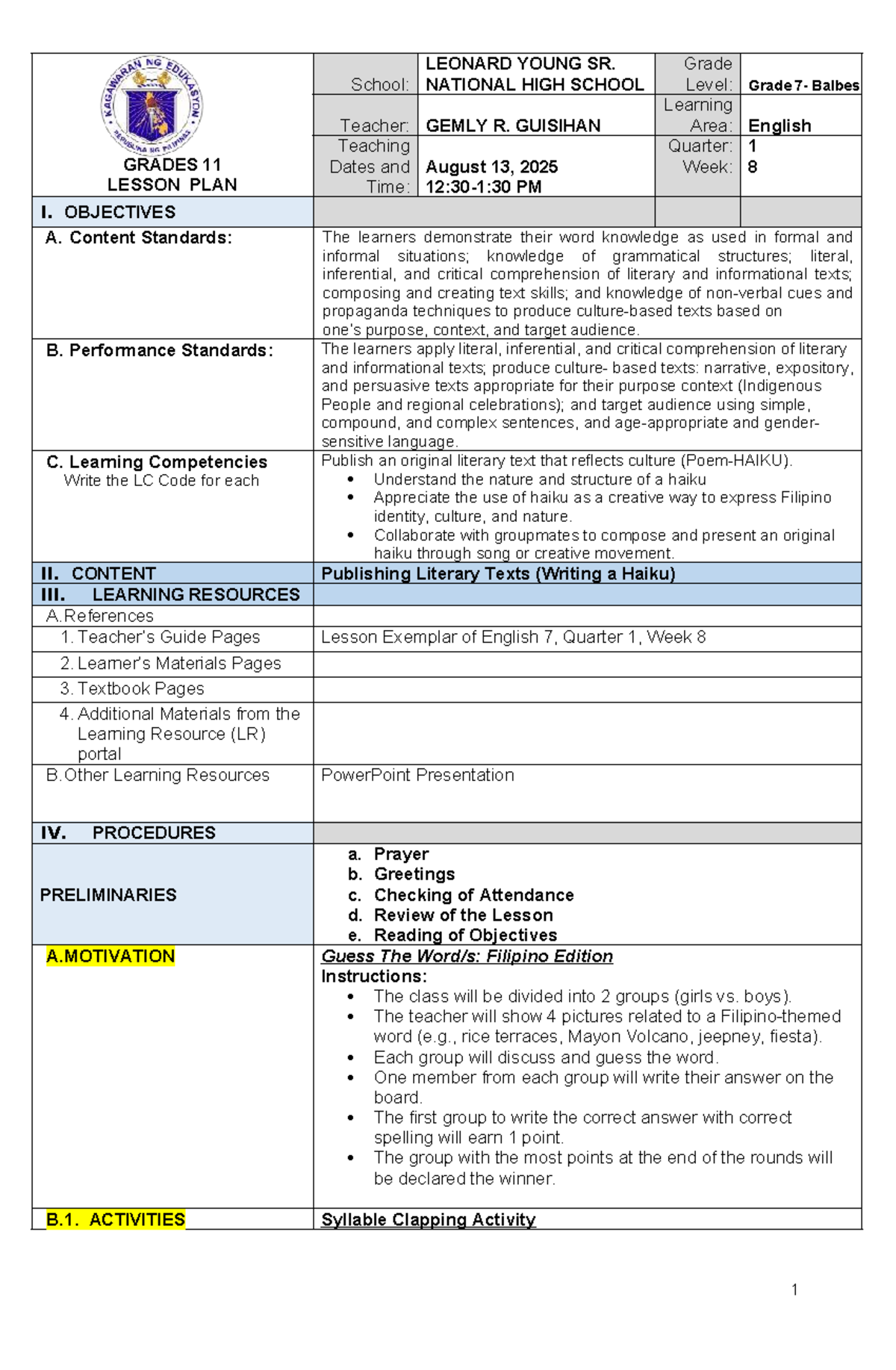 Haiku Lesson Plans For High School