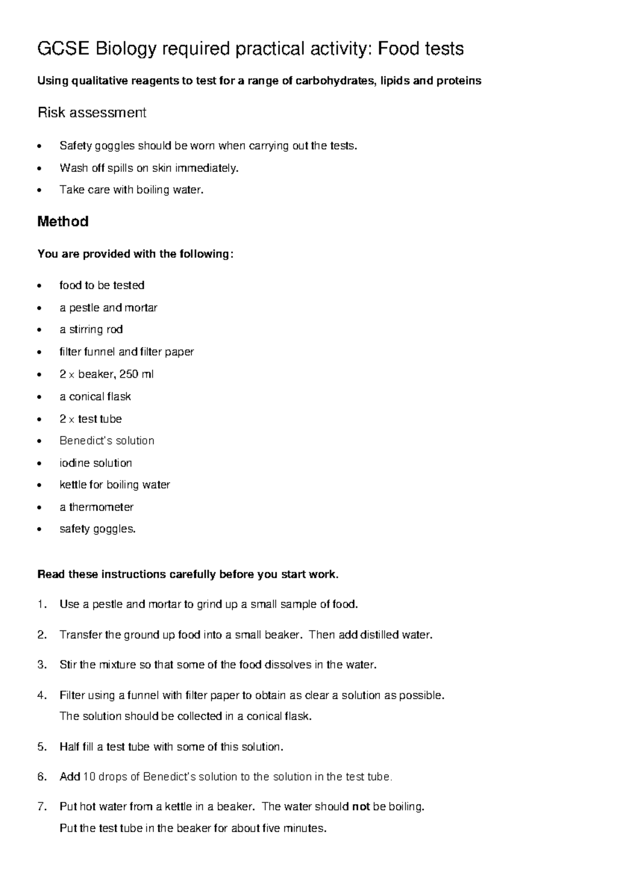 Food Tests Practical: Carbohydrates, Lipids, and Proteins (BSSE) - Studocu