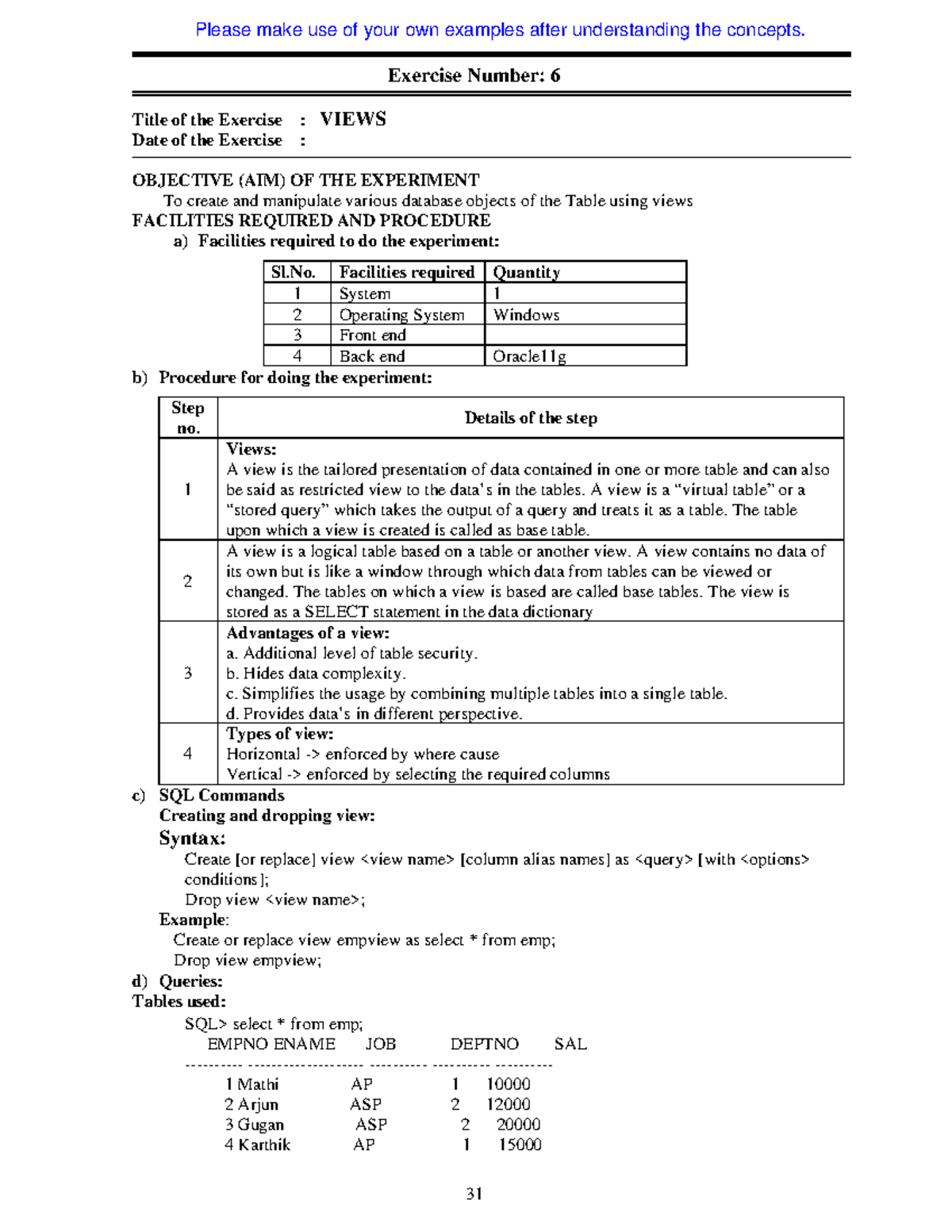6 Views - Lab Exercise on Database Object Manipulation - Studocu