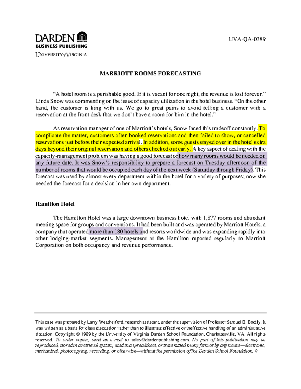 UVA-QA: Marriott Rooms Forecasting Analysis and Management Insights ...