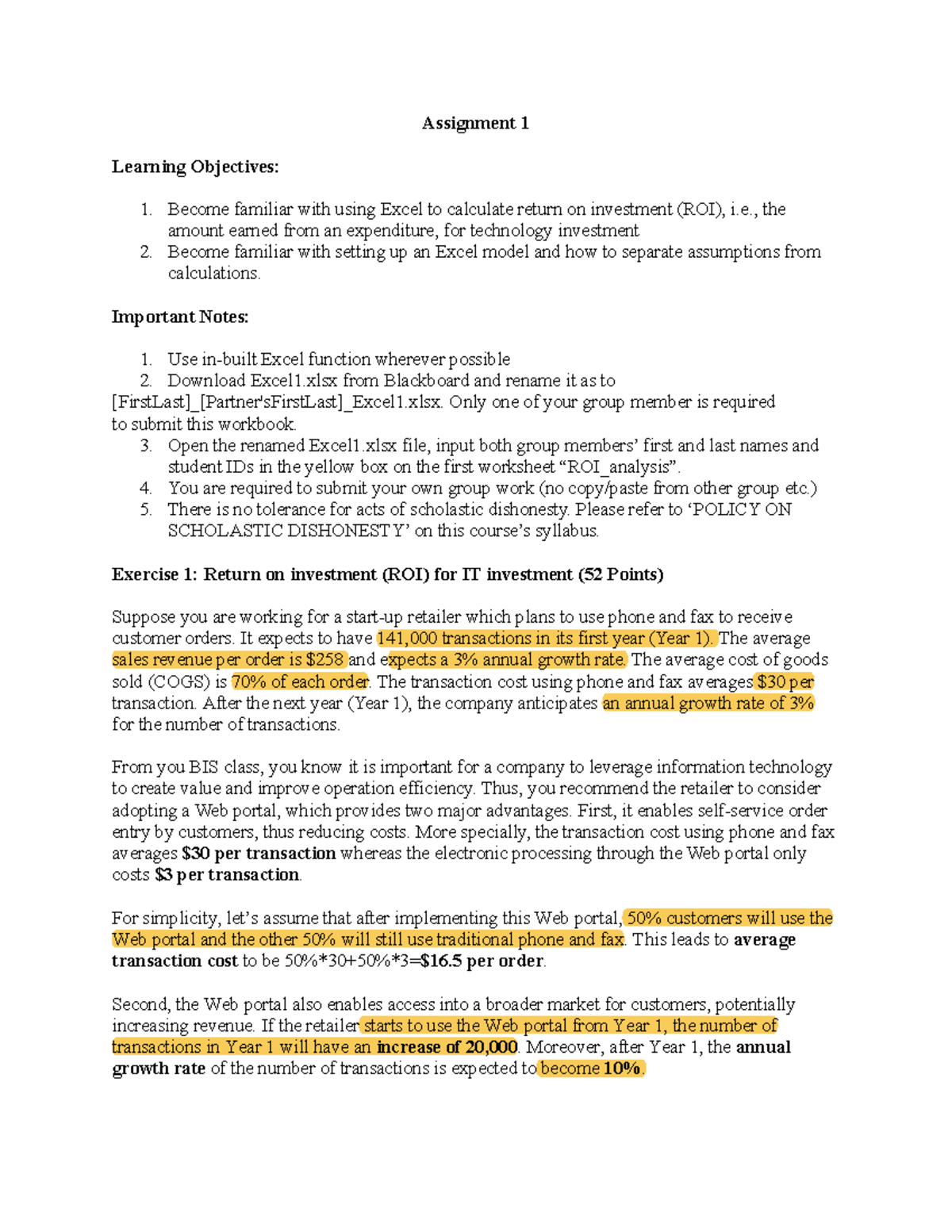 BIS 101 Assignment 1: Excel ROI Analysis & Retirement Planning - Studocu