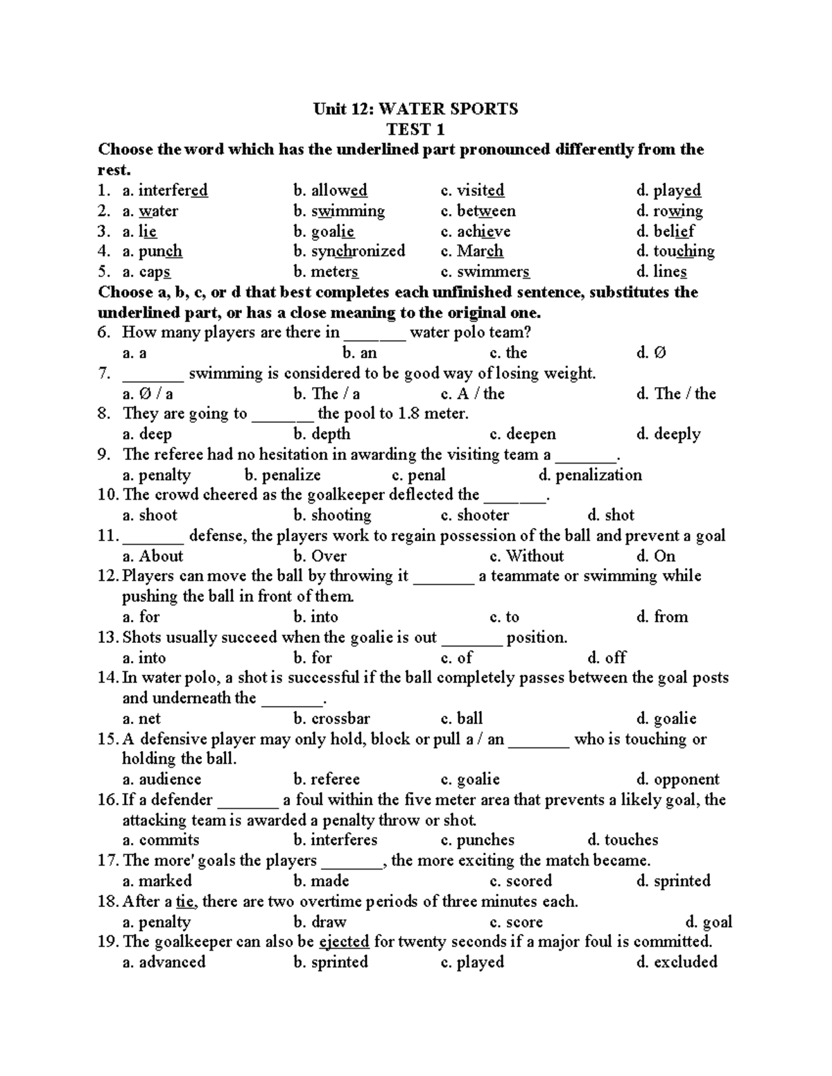 Unit 12: WATER SPORTS TEST 1 - Pronunciation and Sentence Completion ...