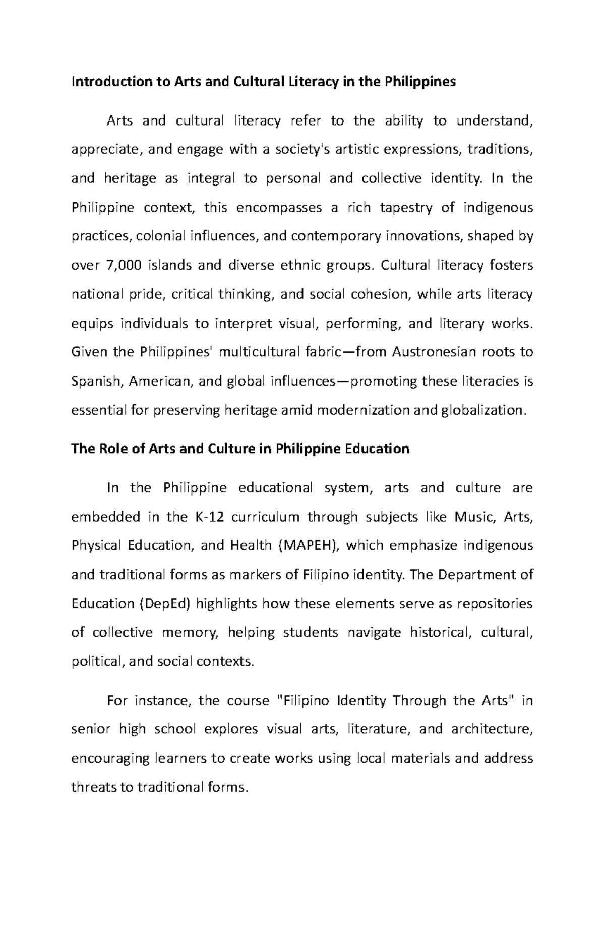 Detailed Lesson Plan on Arts and Cultural Literacy in the Philippines ...