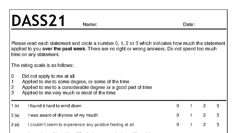 DASS-21 Anxiety Test Instructions and Rating Scale - Studocu