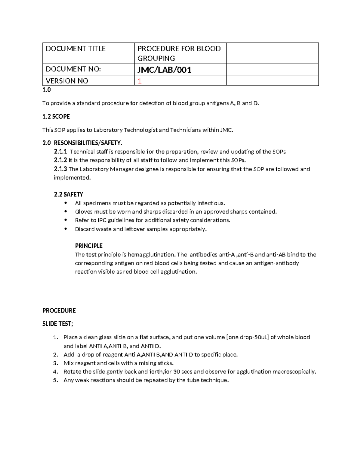 SOP for Blood Grouping Procedures - JMC Lab Students Guide - Studocu